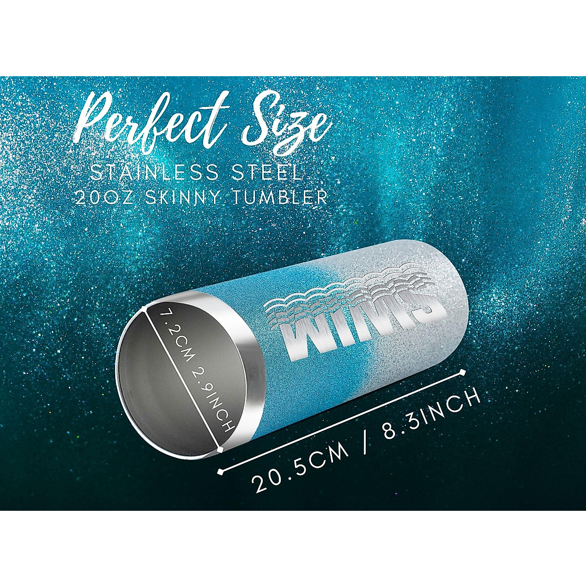 Onebttl Swimming Gifts, Swimmer Stainless Steel Skinny Tumbler for Women, Teen Girls, Teammate, Coach (20oz, Glitter Silver & Blue)-Swim