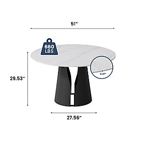 POVISON Round Dining Table for 4-6, Modern Dining Table Round 51" Matte Sintered Stone Tabletop with Solid Black Carbon Steel Pedestal, Circle Dining Table for Dining Room (Dining Table Only)