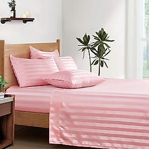 P Pothuiny Queen Satin Bed Linen Set, 6 Pieces Blush Pink Striped, Luxury Bedding with 1 Fitted Sheet, 1 Flat Sheet, 4 Pillowcases
