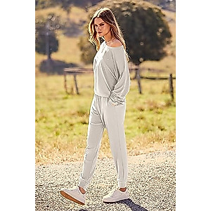PRETTYGARDEN Women's 2023 Fall Fashion Outfits 2 Piece Sweatsuit Solid Color Long Sleeve Pullover Long Pants (Off-white,X-Large)
