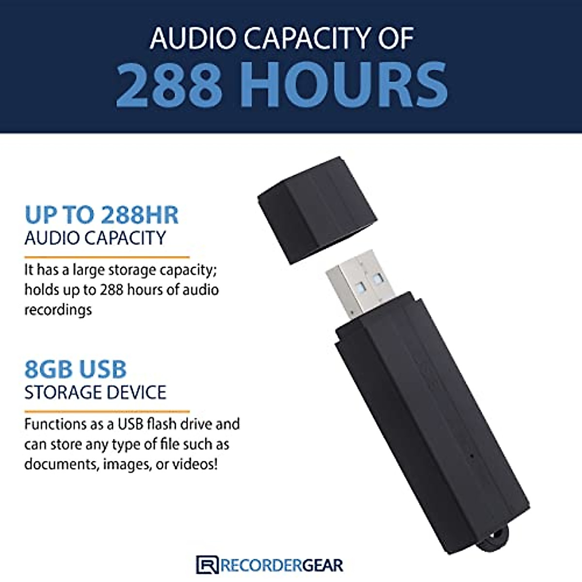 RecorderGear FD50 Mini USB Flash Drive Voice Recorder 8GB Voice Activated Recorder, 25-Day Battery, Time/Date Stamp, Records While Plugged in, Dual Recording Mode Switch Digital Audio Recording Device