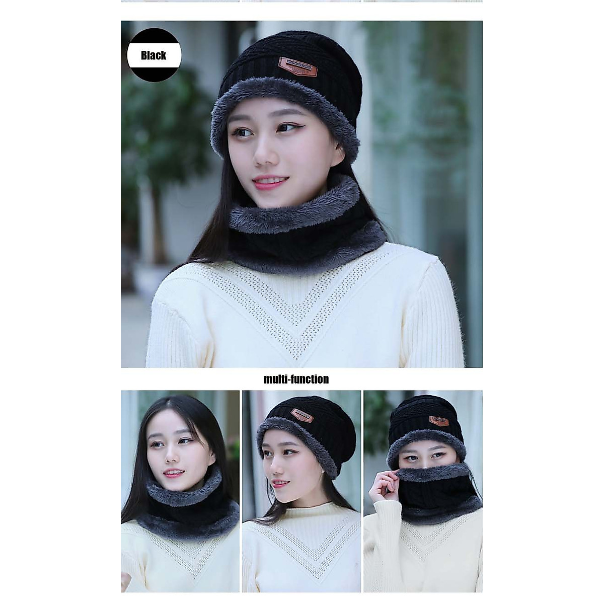 Winter Hat Scarf Gloves Slouchy Beanie Snow Knit Skull Cap Touch Screen Mittens Circle Scarves for Women Black