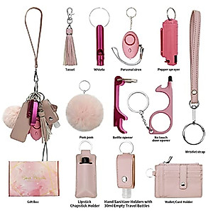Araafur Leather Wristlet Keychain Set with Personal Alarm and Bottle Opener, Car Keychain Accessories for Women (Pink Keychain Wallet set)
