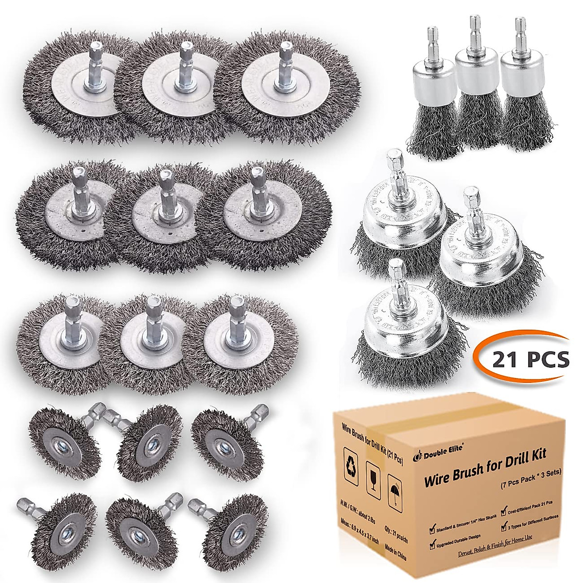 Wire Brush for Drill Set 21 Pcs, Abrasive Wire Wheel for Drill 1/4 Inch Hex Shank, Wire Cup Brush for Drill, Drill Wire Brush Coarse Crimped Carbon Steel, Wire Brush Drill Attachments by Double Elite