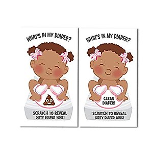 Girl - What's In My Diaper Baby Shower Scratch Off Game | African American | 24 Cards - 1 Winner | Baby Shower Games | Baby Shower Prizes | Door Prizes | Diaper Party | Dirty Diaper Game
