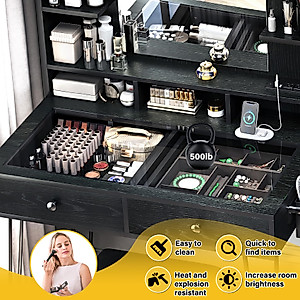 TC-HOMENY Makeup Desk Glass Top, Vanity Desk Dressing Table with Hair Tool Holder and Charging Station, 2 Drawers & Open Shelves Dresser Desk and Cushioned Stool Set
