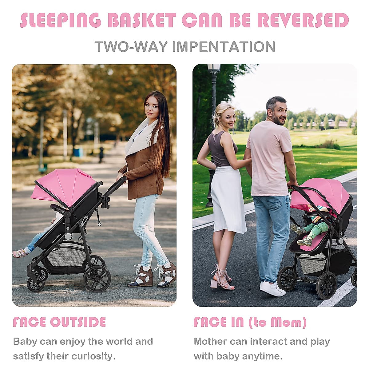 HONEY JOY Baby Stroller, High Landscape Convertible Infant Bassinet Stroller, Adjustable Canopy & Backrest, Storage Basket, Cup Holder, Foldable Newborn Carriage Pram Stroller (Pink)