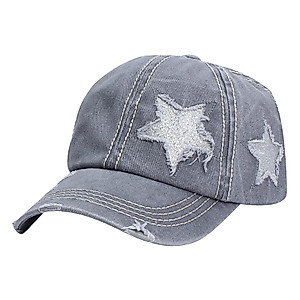 Women Star Sequins Baseball Caps Relaxed Adjustable Ponytail Messy Buns Ponycaps Backless Worn Holes (Grey, One Size)
