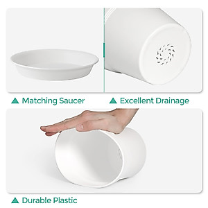 T4U 4 Inch Plant Pots 8-Pack - Small Plastic Planter with Drainage Hole and Saucer, Decorative Nursery Pot Bulk for African Violet, Snake Plant, Succulent and All House Plants Indoor (White)