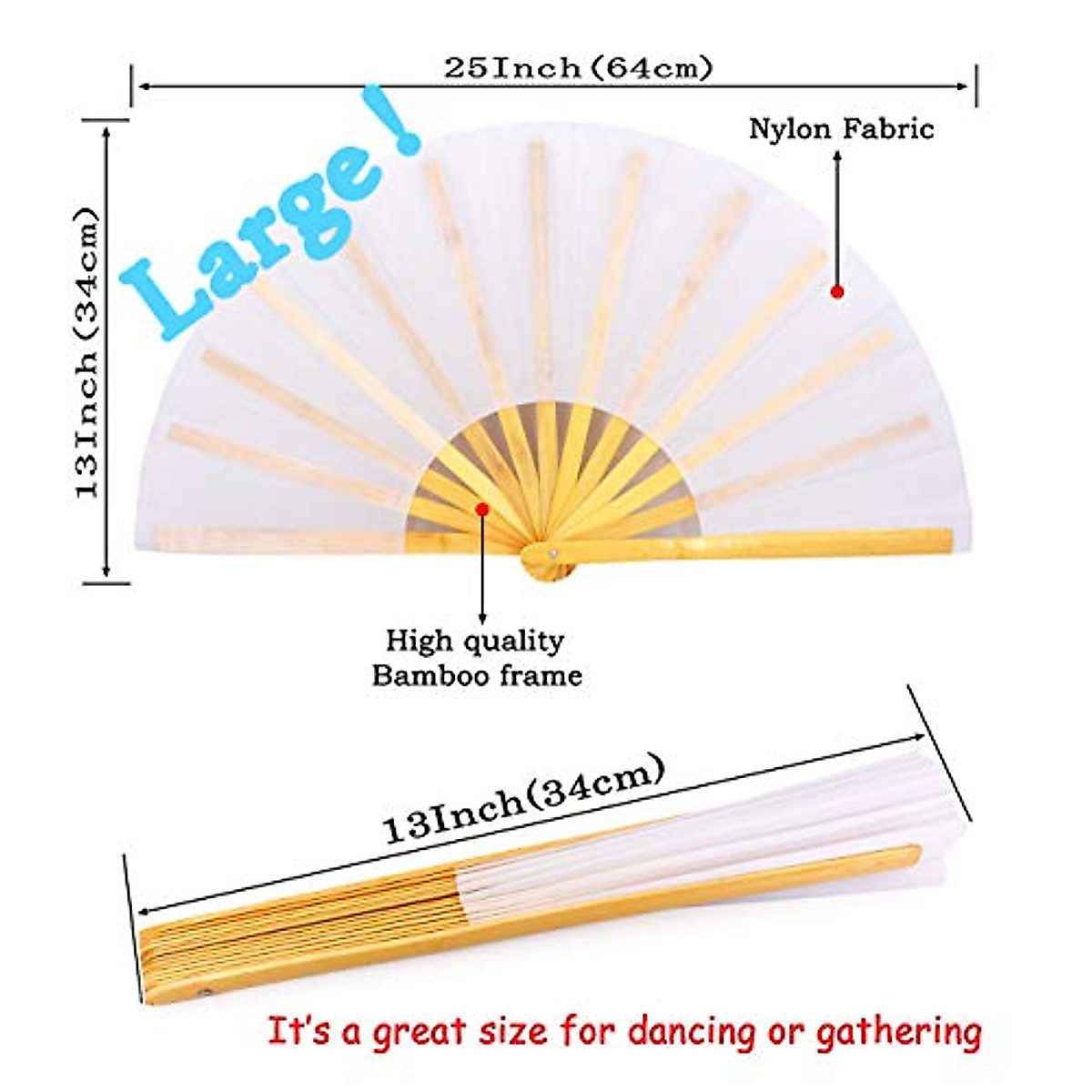 Amajiji Large Folding Fans, Rave Festival Accessories for Men/Women, Chinese Japanese Hand Fan Gift Fan Drag Queen Fan Performance Fan Dance Fan (White)