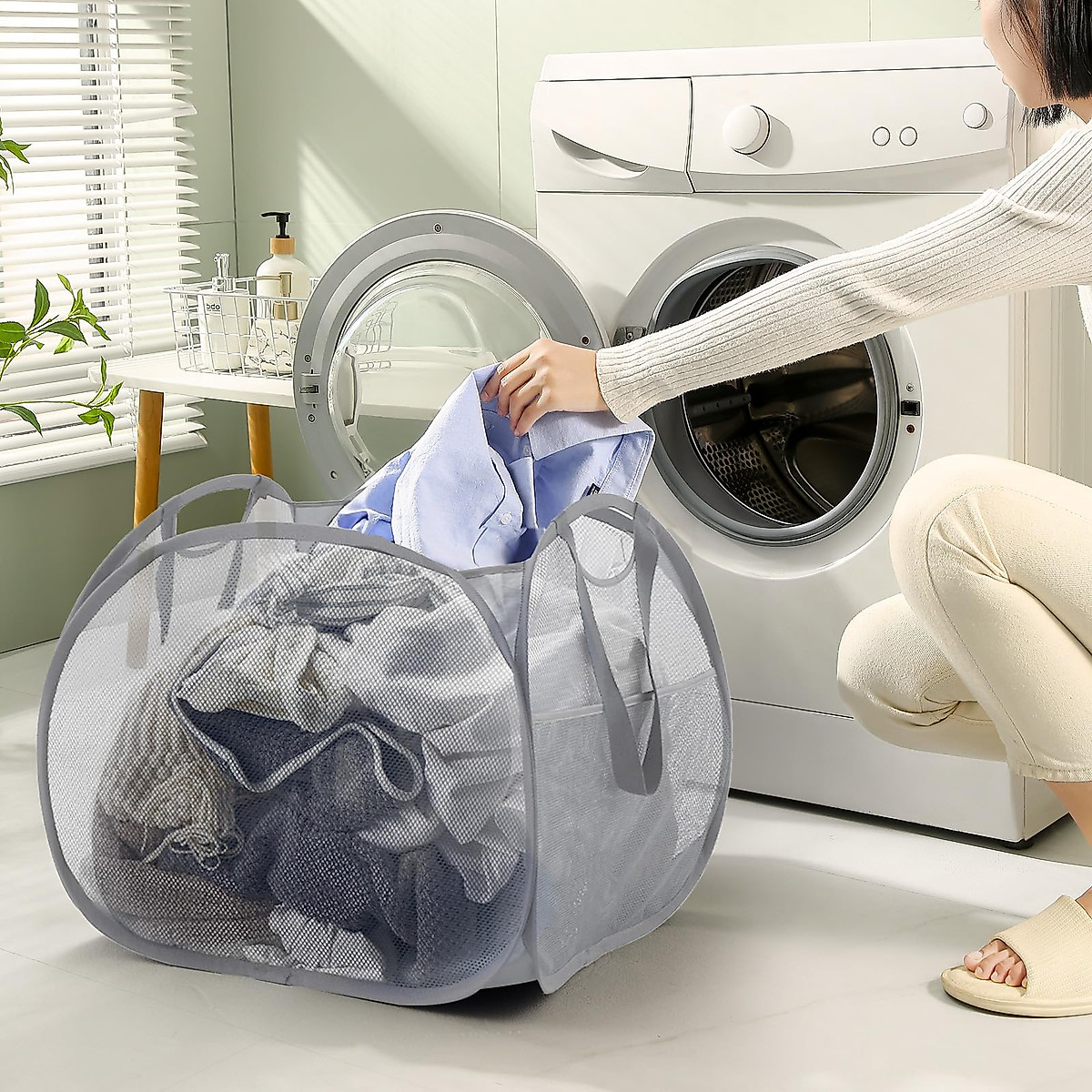 TECHMILLY Collapsible Mesh Pop Up Laundry Hamper with Strong Handles, Large Opening Clothes Hamper with Side Pockets, Storage Baskets for Dorm, Laundry Room, Bathroom or Travel (Grey, 90L)