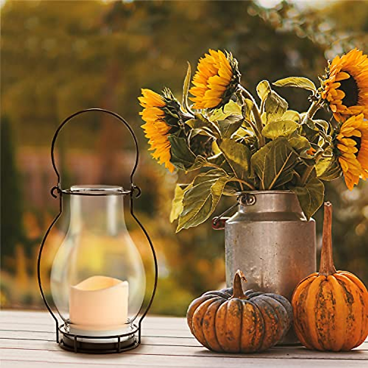 Black Outdoor Lantern with Solar Candle - 10.5 Inch Tall, Metal & Glass, Round Hurricane Style, Waterproof, Battery Included, Solar Powered Decorative Patio Lantern for Modern Home Decor