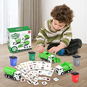 FIVEDAOGANG Garbage Truck Toy, 3 Pack Friction Powered Waste Management Garbage Truck Game with Front Load Dumpster, Back Dump Garbage,4 Trash Bins with 108 pcs Trash Cards, Gift for 3+ Years Old Kids