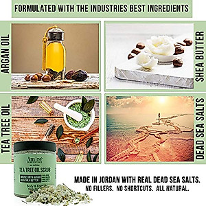 Amire Tea Tree Oil Exfoliating Body and Foot Scrub with Dead Sea Salt, Great for Acne, Dandruff, Stinky Feet, Infused with Argan Oil and Shea Butter to Moisturize