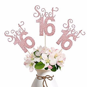 10-Pack Glitter Gold Double Sided Sweet 16 Birthday Anniversary Centerpiece Sticks, Number 16 Table Cake Topper for Sweet 16 Birthday Table Party Decorations (sweet 16) (rose gold)