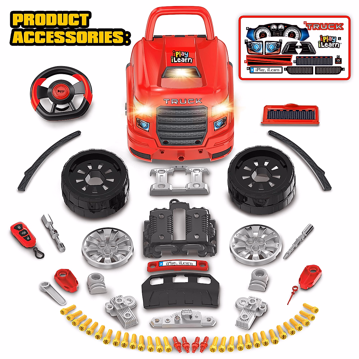 iPlay, iLearn Large Truck Engine Toy, Kids Mechanic Repair Set for 3-5 Yr Toddlers, Big Builder Kit, Take Apart Motor Vehicle Pretent Play Car Service Station, Gifts 4 6 7 8 Year Old Boy Child