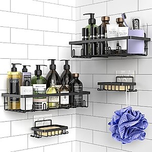 Hleelomi Shower Caddy Shelf Organizer, 4 Pack Adhesive Wall Shower Shelves, Black