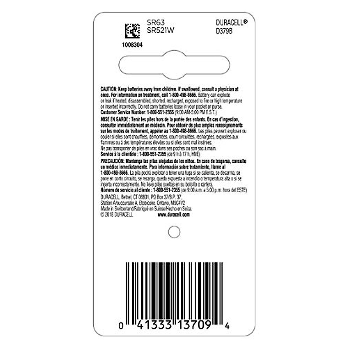 Duracell 379 Silver Oxide Button Battery, 1 Count Pack, 379 1.5 Volt Battery, Long-Lasting for Watches, Medical Devices, Calculators, and More