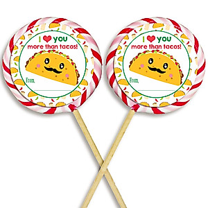 “I Like You More Than Tacos” Taco-Themed Valentine Party Favor Sticker Labels, 40 2" Party Circle Stickers by AmandaCreation, Great for Classroom Valentines, Envelope Seals, Gifts & Treats