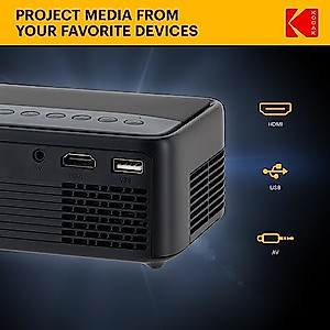 KODAK FLIK X1 Mini Pico Projector | Portable Compact 100” Projector with Remote Control & 2W Speakers Plays Movies, TV Shows & Games | Compatible with HDMI, USB, AV, Smartphone, Firestick Black
