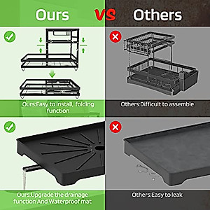 BBXTYLY Large Dish Drying Rack, 2 Tier Collapsible Dish Racks with Drainboard，Drainage, Wine Glass Holder, Utensil Holder and Extra Drying Mat, Dish Drainers for Kitchen Counter (Black)