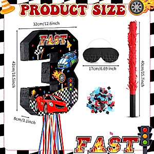 Race Car Number Pinata Girl Pull String Fast Pinata Small Racing Theme Pinata with Blindfold Stick Confetti for Boys Birthday Decorations Party Supplies (Number 3)