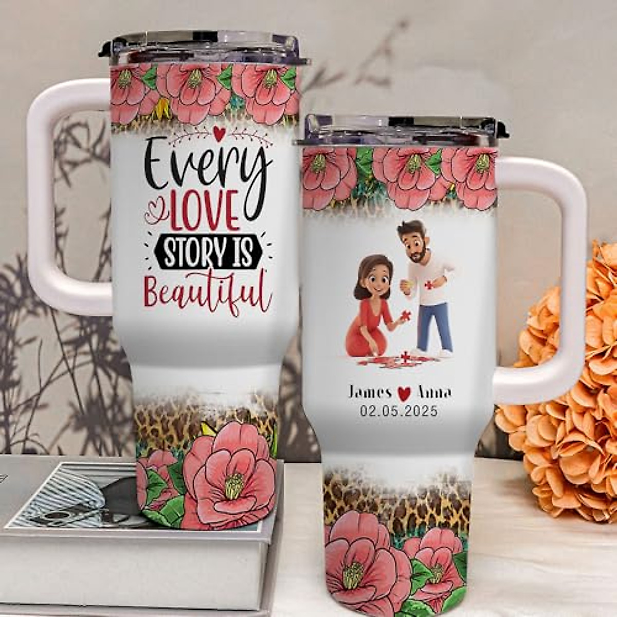 Personalized 40oz Tumbler with Handle – Valentine's baking-Custom Couple Gift for Anniversary Wedding Gift, Birthday, Mother's Day, Valentine’s Day BH83f0