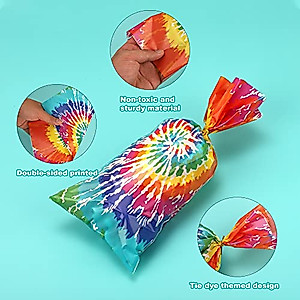 peony man 100 Pieces Tie Dye Cellophane Bags Rainbow Cello Treat Bag Plastic Goodie Storage Bags with 100 Gold Twist Ties for Tie Dye Themed Party Supplies Bakery Popcorn Cookies Candies Packaging