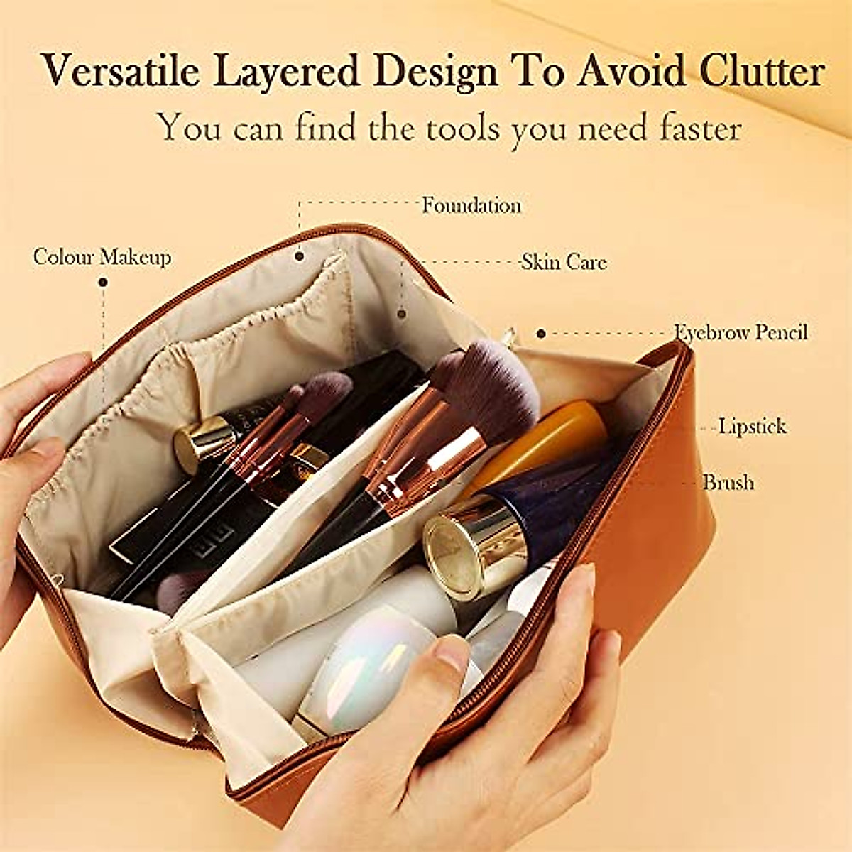 KIMBURG Large Capacity Travel Makeup Bag Portable Travel Cosmetic Bag for Women,Makeup Organizer Storage Cases Toiletry Bag Waterproof Bathroom Bag for Girls With Handle and Divider(Brown)