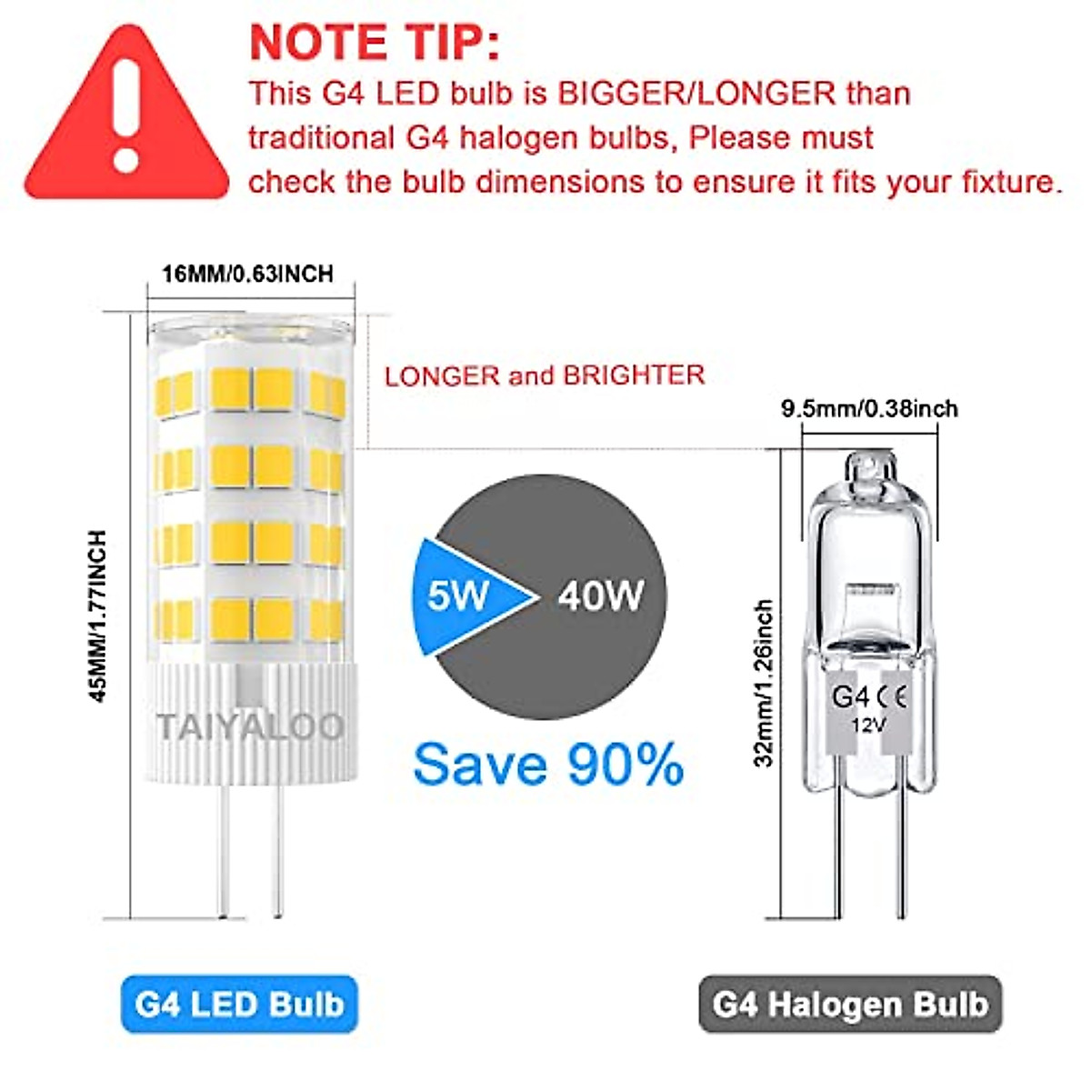 G4 LED Bulb 12V AC/DC 5W Equivalent to 40W Halogen Bulb, T3 JC Type Bi-Pin Base, Warm White 2700K G4 Bulb for Outdoor Landscape Lighting Deck Stair Step Path Paver Lights, Home Lighting, (6 Pack)
