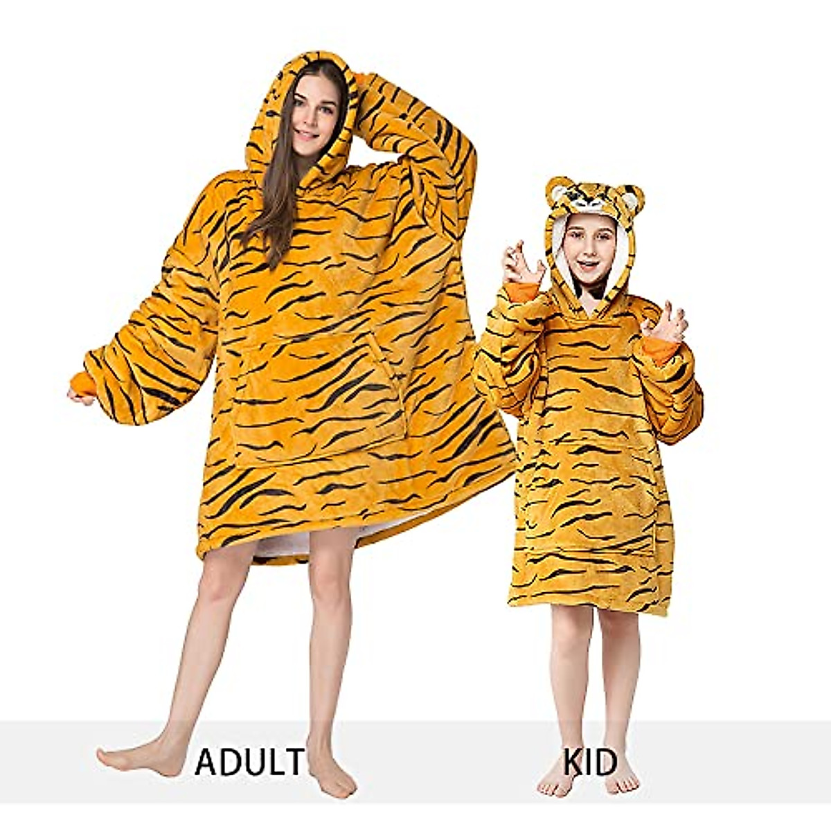 RONGTAI Oversized Wearable Blankets,Soft Plush Printed Sherpa Blanket Sweatshirt with Pockets,One Size Fits All,Tiger