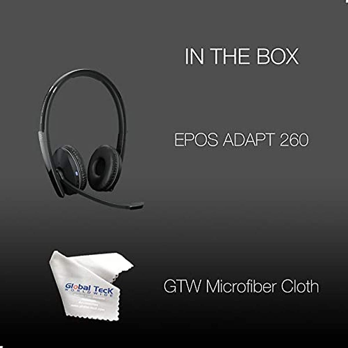 EPOS/Sennheiser 260 Stereo Bluetooth Headset - Blue Tooth Head Phones with USB Dongle, UC, Teams Certified, Connects to Deskphone, PC/Mac, Smartphone and Microfiber Included in Bundle by Global Teck