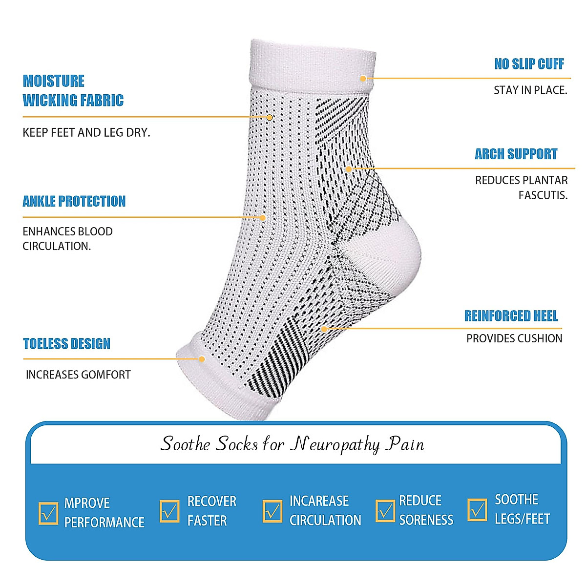 Neuropathy Socks for Women, 6Pairs Soothe Compression Socks for Neuropathy Pain, Ankle Brace Plantar Fasciitis Swelling Relief (L/XL)