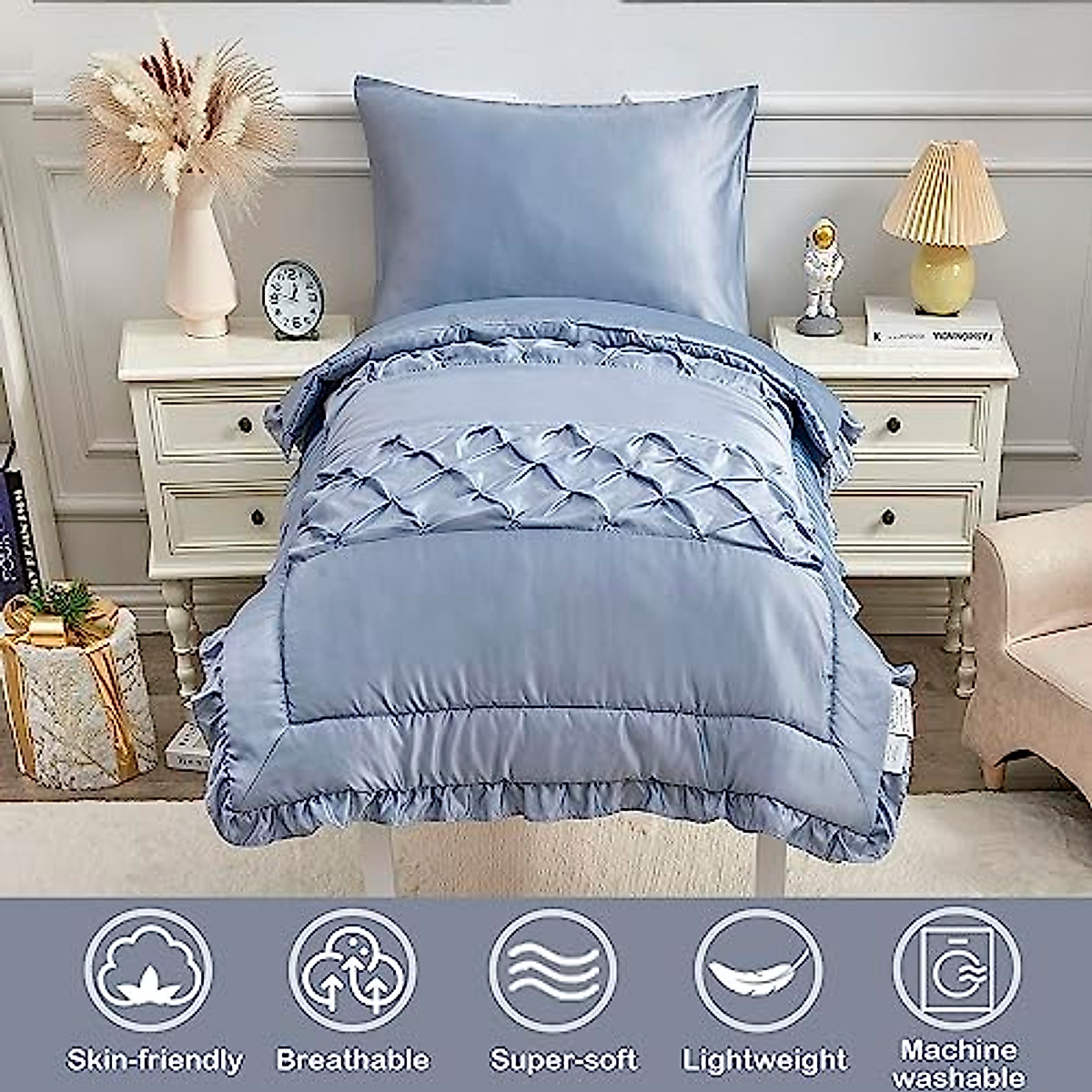 Toddler Bedding Set for Girls 4 Piece Pinch Pleated Grey Ruffle Fringe Pintuck Toddler Bed Comforter Set for Kids Bed-in-a-Bag Quilt Crib Sheet Set with Comforter,Flat Sheet,Fitted Sheet,Pillowcase