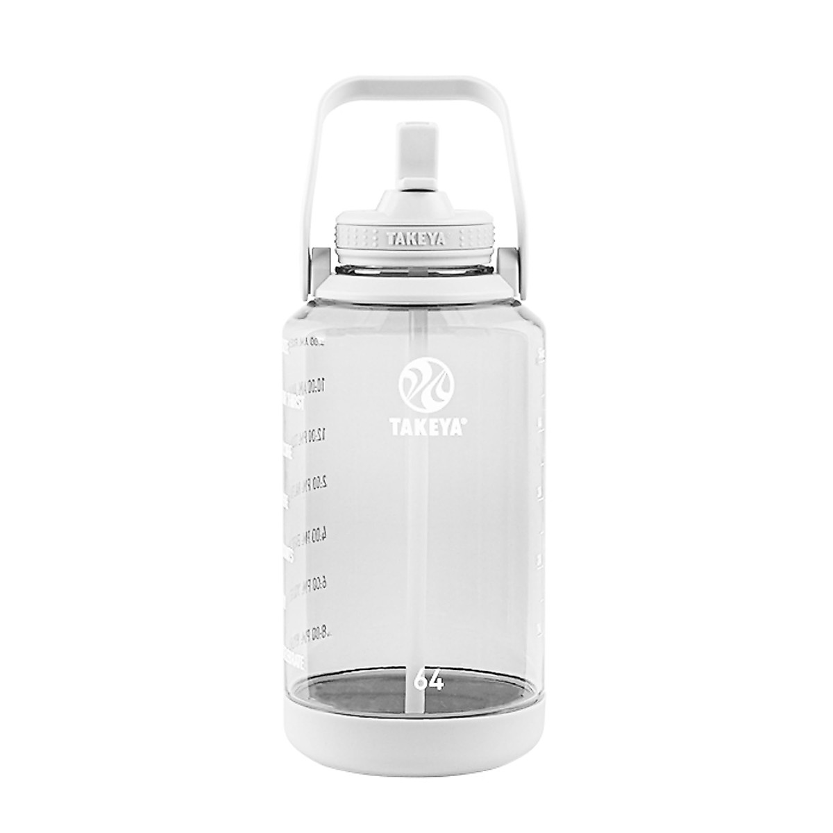 Takeya 64 oz Motivational Water Bottle with Straw Lid with Time Marker, Half Gallon, Premium Quality BPA Free Tritan Plastic, Cloud White