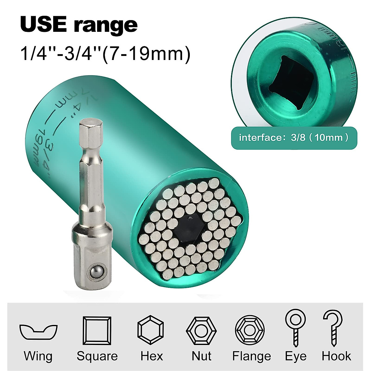 HUAZHICHUN Universal Socket,Adapter Socket for Wrench Ratchet & Power Drill,Portable Hand Gadget Gifts for Men and Women,Self-Adjusting Multifunctional Sockets,Green Shell (7-19mm)