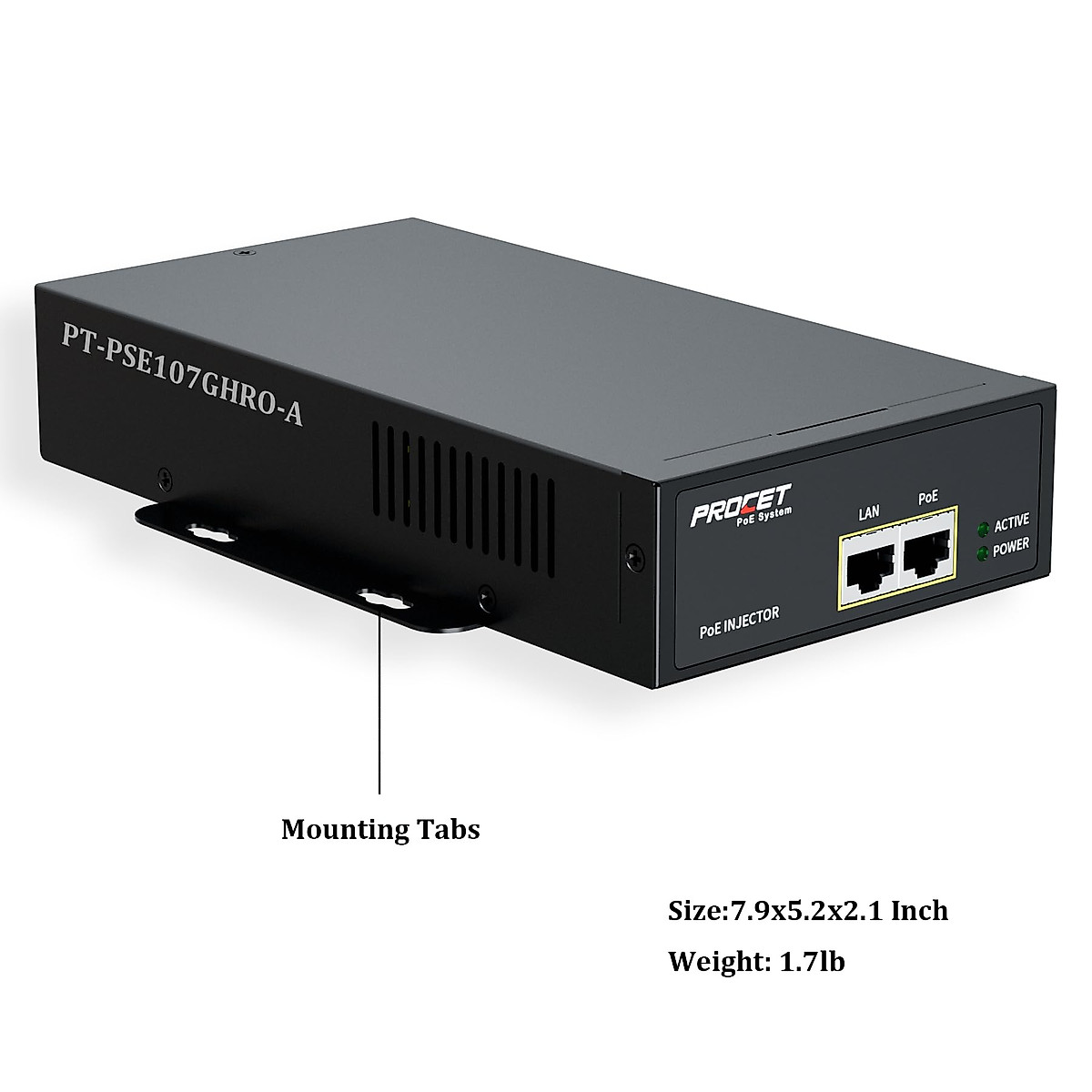 PROCET PoE Iniector 75W Active PoE++ Industrial Grade Gigabit PoE Power Injector, 6KV Surge Protection, -40°F to 149°F for PTZ Camera, Wireless AP, PoS System, Kiosks, PT-PSE107GHRO-A