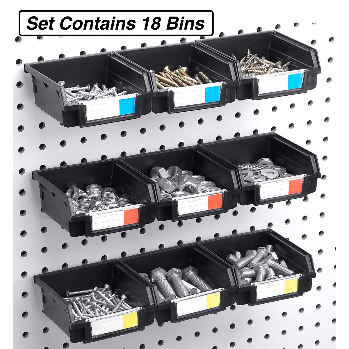 Right Arrange Pegboard Bins – 18 Pack Black - Hooks to Any Peg Board - Organize Hardware, Accessories, Attachments, Workbench, Garage Storage, Craft Room, Tool Shed, Hobby Supplies, Small Parts