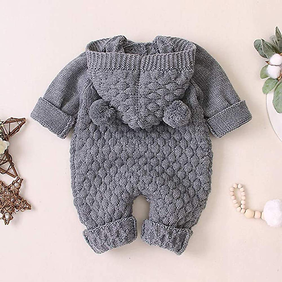 Unisex Newborn Baby Boy Girl Gender Neutral Cute 3D Bear Ears Hooded Knitted Sweater Long Sleeve Romper Overall Bodysuit Jumpsuit Playsuit Sleepwear Outwear Winter Warm Clothes Gray 0-6 Months