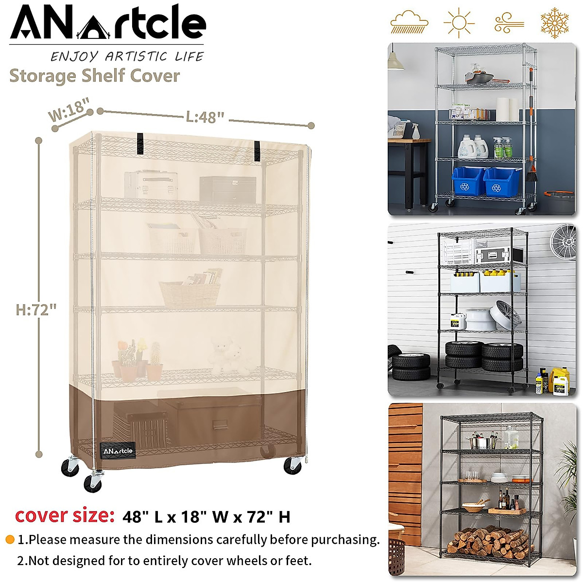 ANartcle Shelf Covers for Wire Shelving,600D Heavy Duty Waterproof Dustproof Storage Shelving Unit Cover,Fits 5-Tier Adjustable Heavy Duty Storage Shelving Unit 48''L x 18''W x 72''H,Beige&brown.