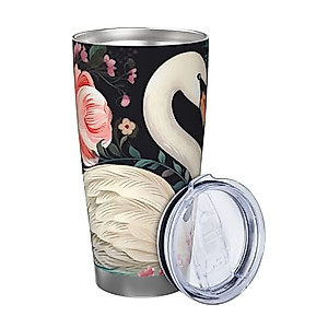 Floral Swan Tumbler with Lid and Straw 20oz Stainless Steel Car Cup for Hot and Cold Drinks, Double Wall Insulated Travel Coffee Mug Reusable Drink Thermos Cup Birthday Gifts