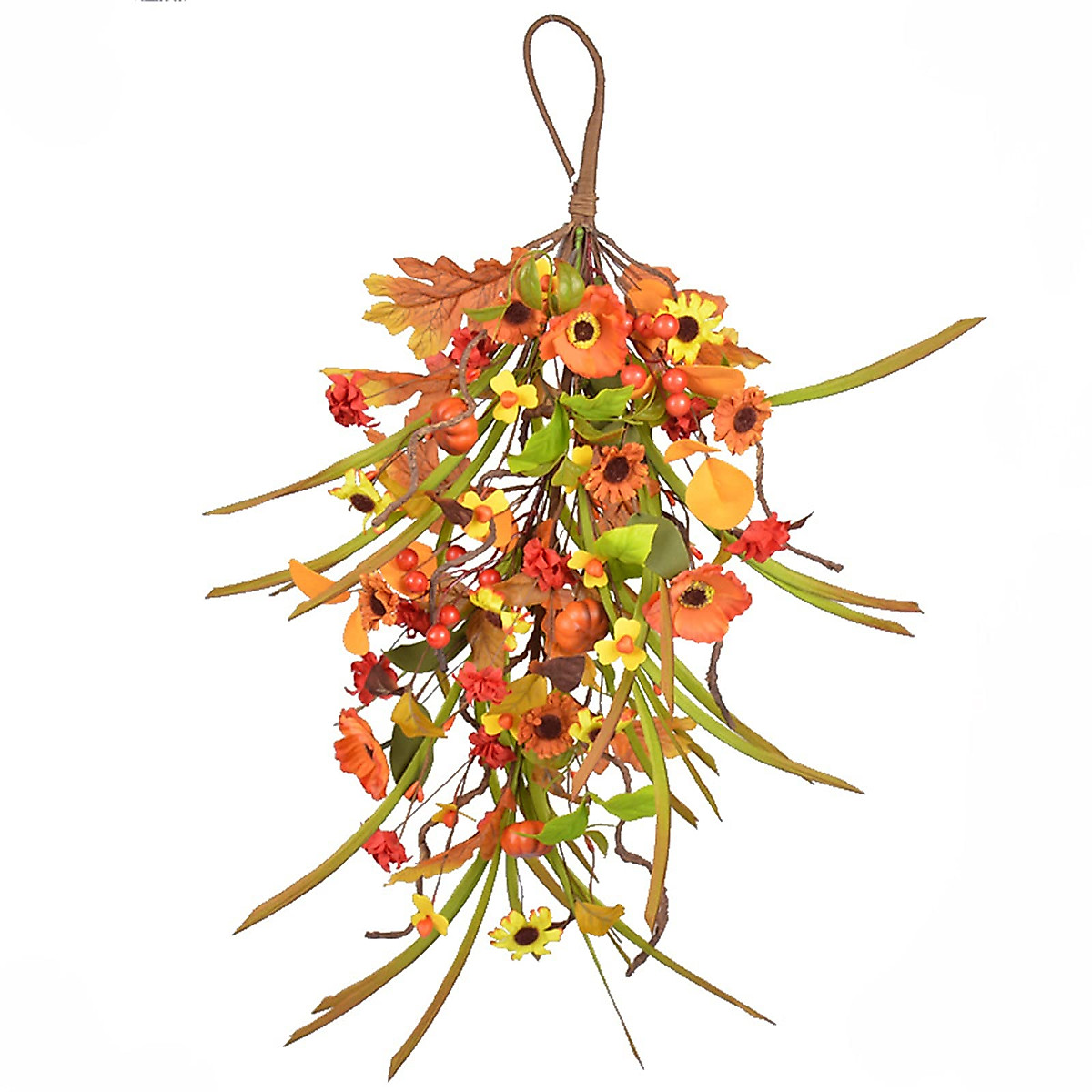 FXforer 25Inch Artificial Sunflower Pumpkin Fall Swag,Simulation Autumn Teardrop Floral Swag,Farmhouse Hanging Front Door Decorative Swag for Garden Home Wall Festival Decoration