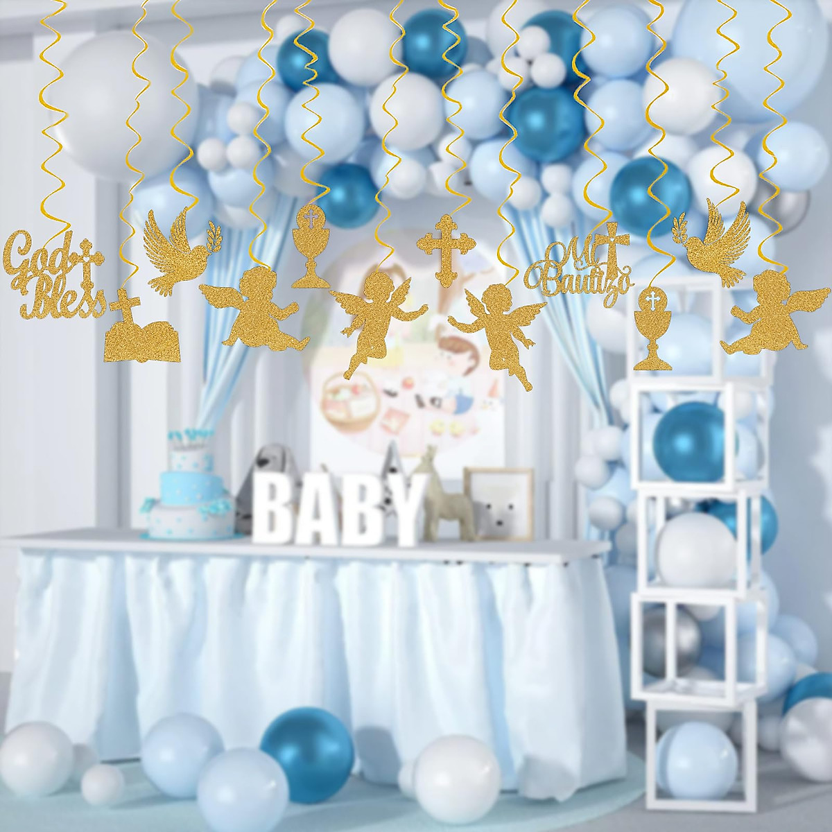 Mi Bautizo Party Decoration Baptism Decorations 24pcs Hanging Swirls Decoration God Bless Angel Gold Party Ceiling Decor Banner Supplies Baby Shower Birthday Party Decor, Assembled and Ready to Use