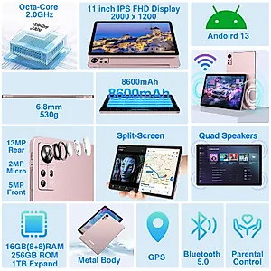 2024 Newest 11 inch Tablet Android 13 Tablets 16GB RAM 256GB ROM 1TB Expand, 2K 2000 x 1200 Display, Octa-Core, Triple Camera, 8600mAh, Quad Speakers, 5G/2.4G WiFi, GPS,Bluetooth,with Case -Rose Gold