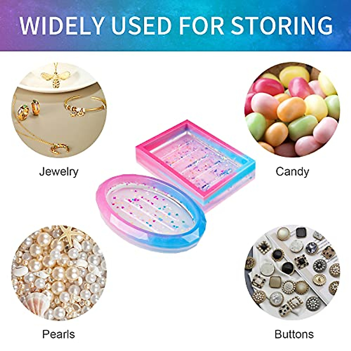 NiArt 2-Pack Faceted Oval & Rectangle Soap Dish Epoxy Resin Silicone Mold+Star Sequins Kit, Ring Dish Jewelry Tray Ashtray Candle Holder Storage Box DIY Casting Art Craft Agate Home Decoration Gift