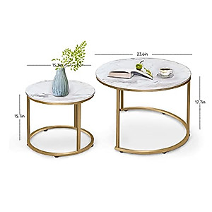 aboxoo Coffee Table Nesting White Set of 2 Side Set Golden Frame Circular and Marble Pattern Wooden Tables, Living Room Bedroom Apartment Modern Industrial Simple Nightstand