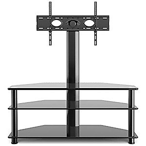 Rfiver Swivel Glass TV Stand with Mount for 32-70 Inch Flat or Curved Screen TV up to 110 lbs, Height Adjustable Corner Floor Entertainment Center with TV Mount and 3-Tier Storage for AV Media
