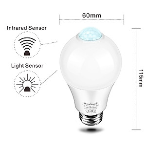 Boxlood Motion Sensor Light Bulbs, 12W(100-Watt Equivalent) PIR Motion Activated Dusk to Dawn Outdoor LED Light Bulb, E26 5000K Daylight, Perfect for Garage Front Door Porch Hallway Basement 4Piece