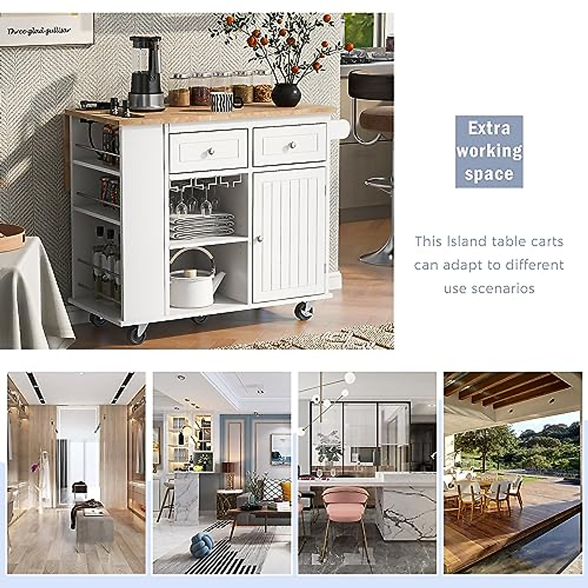 Kitchen Island On Wheel with Power Outlet, Open Storage Kitchen Island with Drop Leaf, Rolling Kitchen Island Cart, Wine Rack, Adjustable Shelves for Home, Kitchen, Dining Room, White