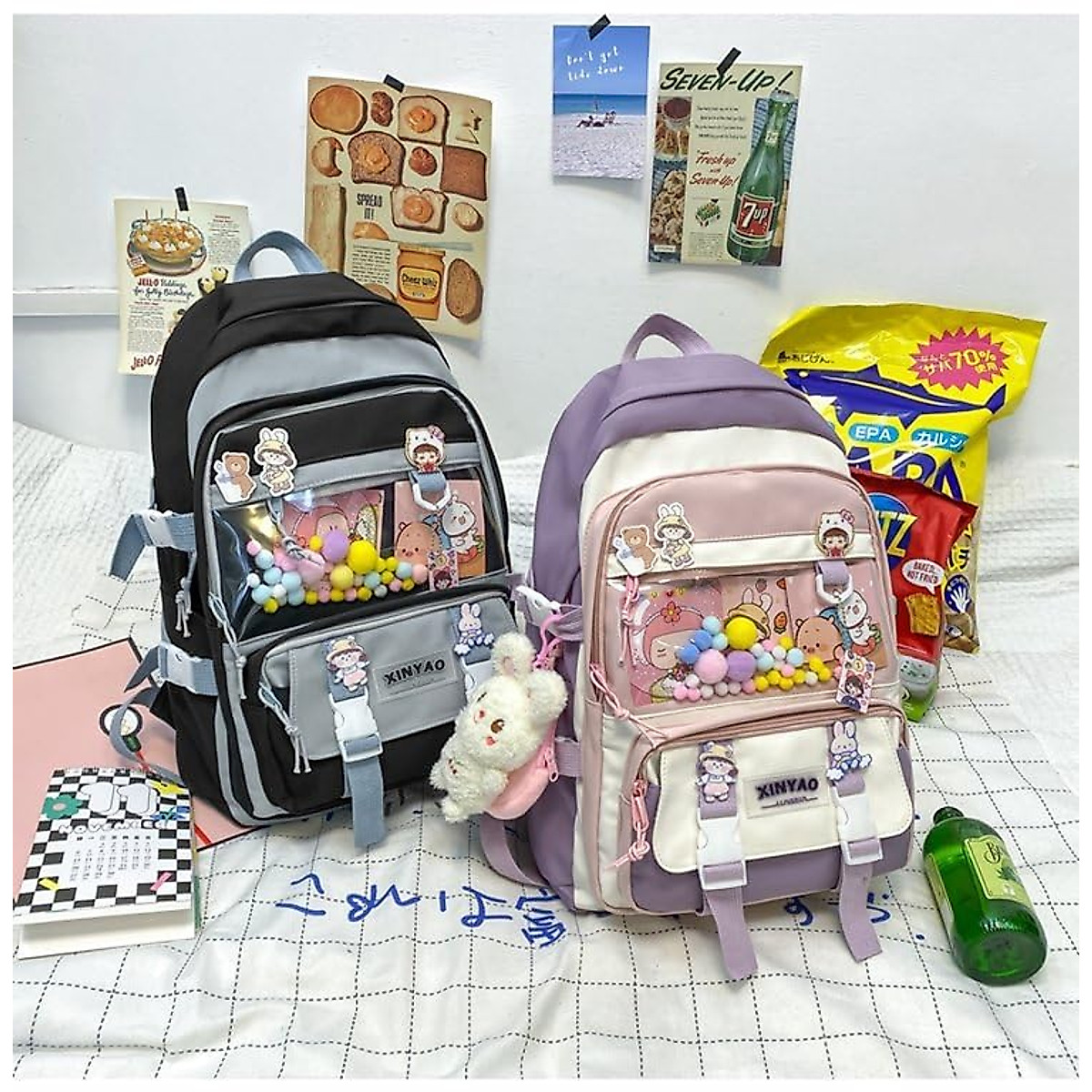 MocaDng Backpack for Girls, Kawaii Backpack Cute Aesthetic Backpack with Pin Accessories Plush Pendant, 17.7 Inch Backpack for School & Travel - Durable, Water Resistant (Black)